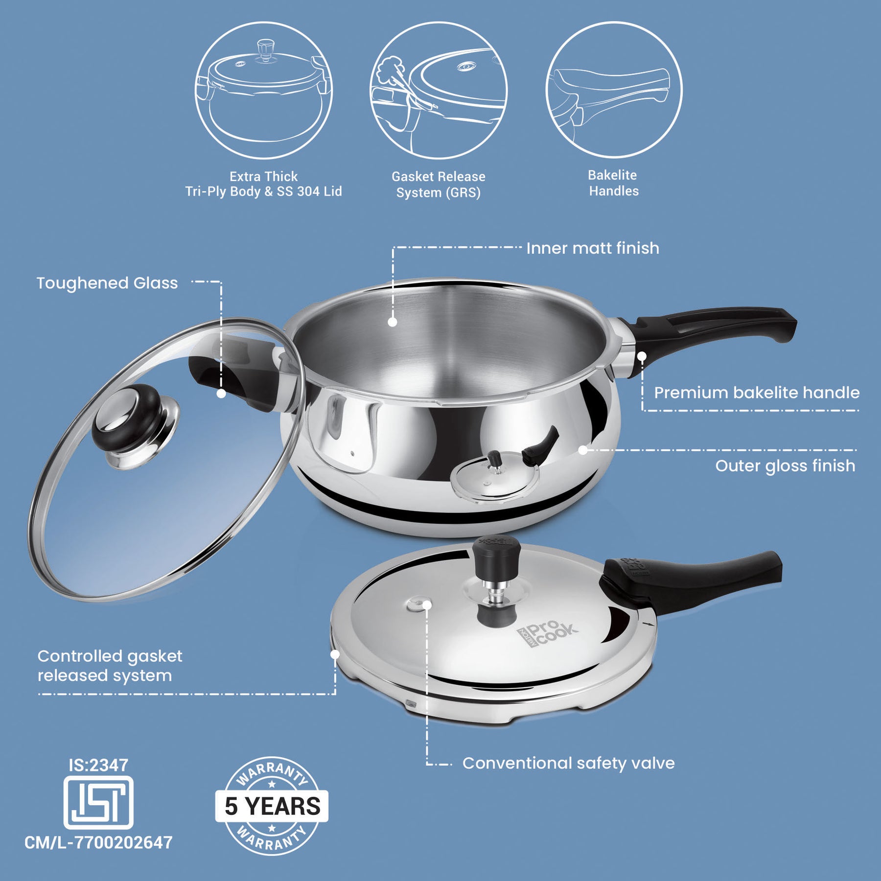 Pressure Cooker Outer Lid Curve Triply (Milton Procook)